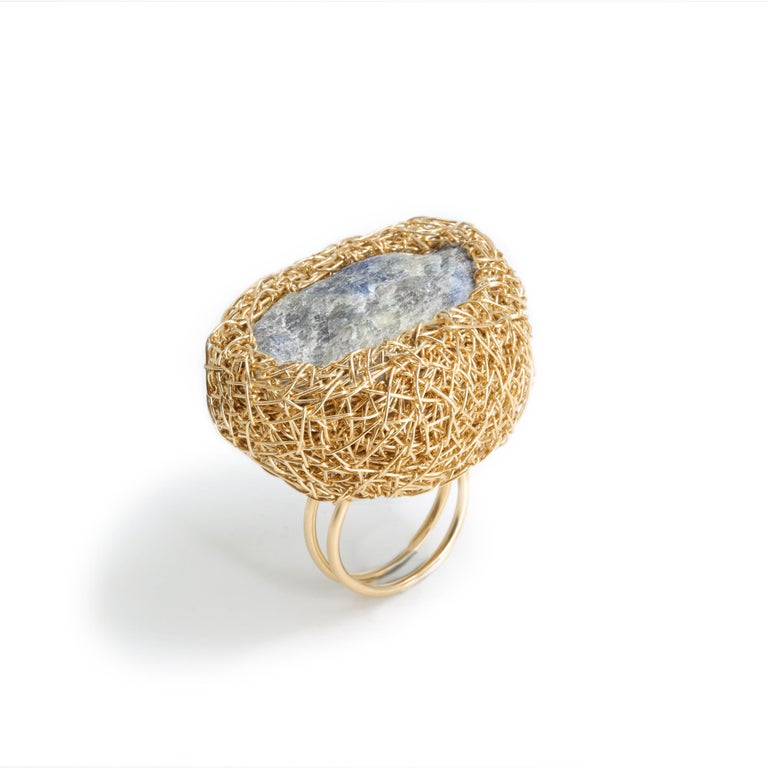 Sapphire Raw Statement Cocktail Ring in 14 Kt Yellow Gold F Uniquely by Artist For Sale at 1stDibs