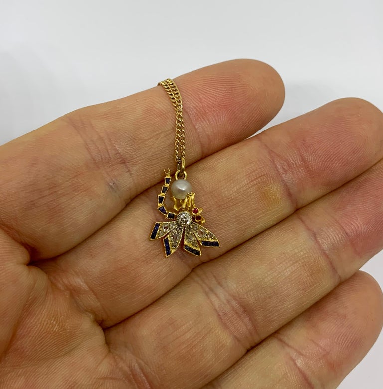 Sapphire Rose Diamond Ruby Dragonfly Insect Necklace Art Nouveau 14 ...
