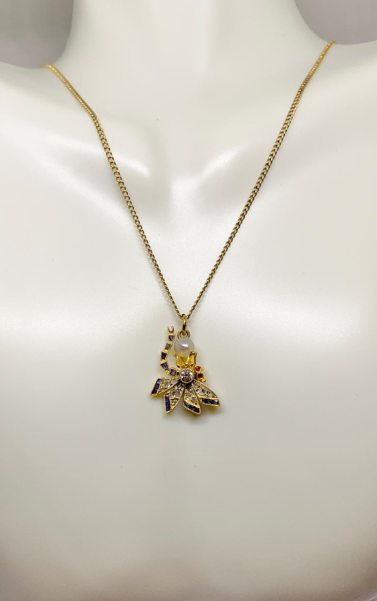 Sapphire Rose Diamond Ruby Dragonfly Insect Necklace Art Nouveau 14 ...