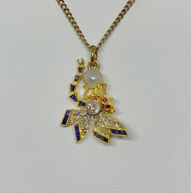 Sapphire Rose Diamond Ruby Dragonfly Insect Necklace Art Nouveau 14 ...