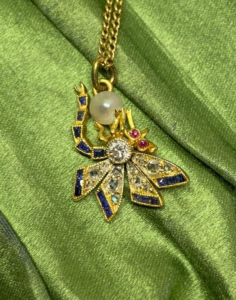 Sapphire Rose Diamond Ruby Dragonfly Insect Necklace Art Nouveau 14 ...