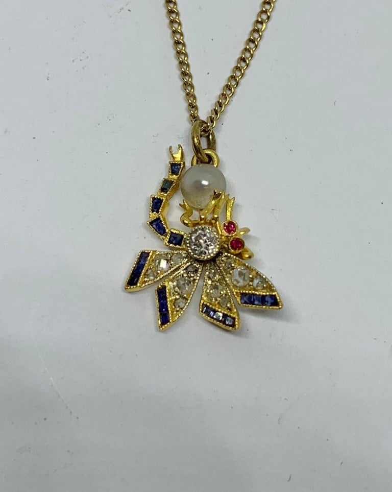 Sapphire Rose Diamond Ruby Dragonfly Insect Necklace Art Nouveau 14 ...