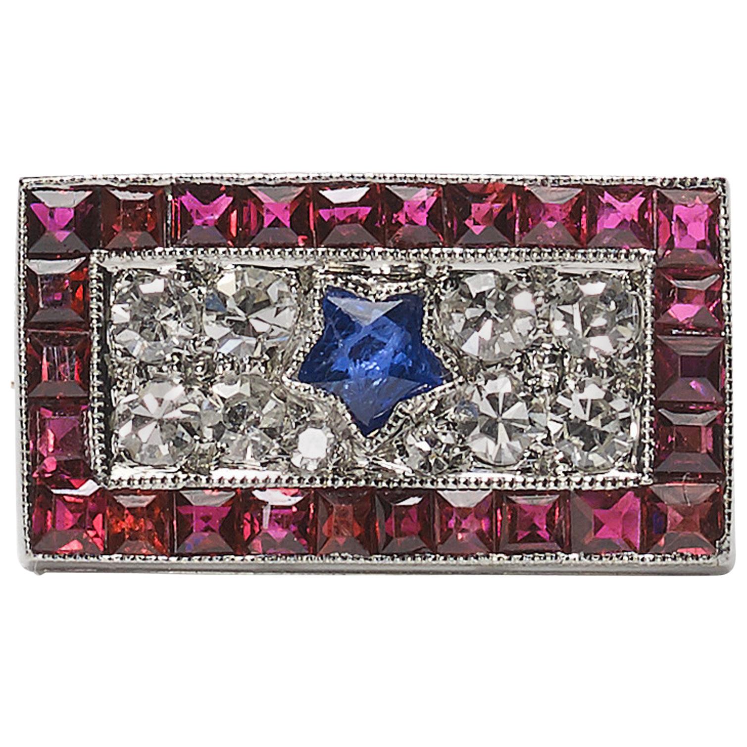 Sapphire Ruby and Diamond American Patriotic Man in Service Flag Brooch ...