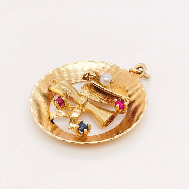 Sapphire, Ruby and Pearl Graduation Cap Large Charm or Pendant in 14 ...