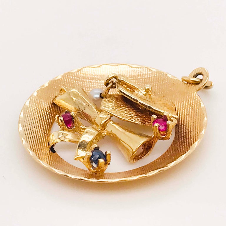 Sapphire, Ruby and Pearl Graduation Cap Large Charm or Pendant in 14 ...