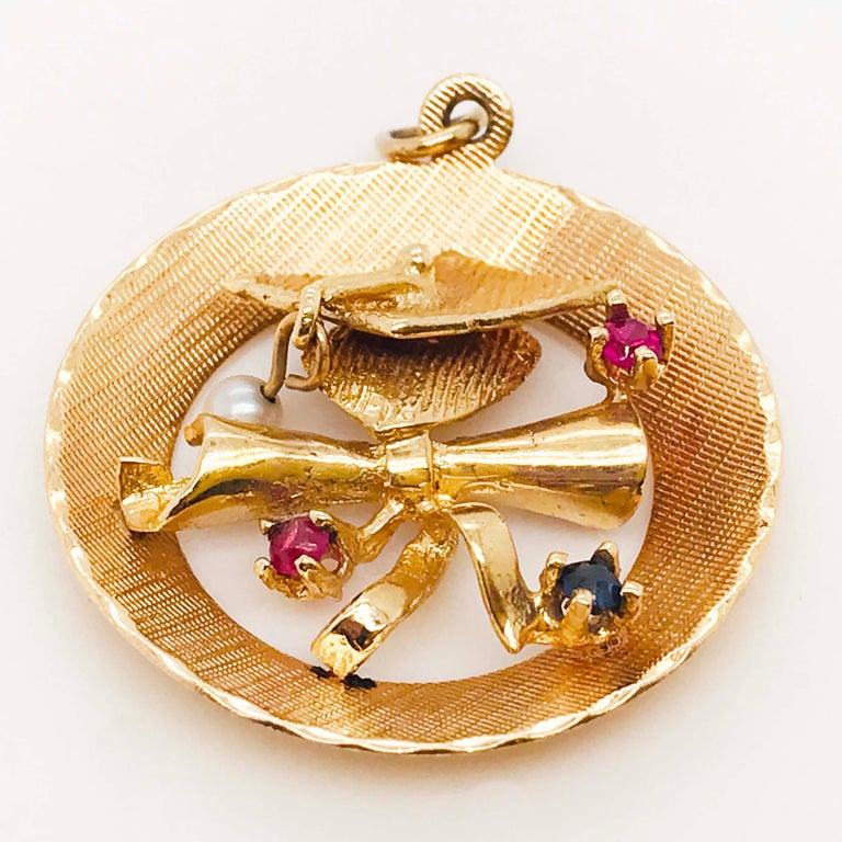 Sapphire, Ruby and Pearl Graduation Cap Large Charm or Pendant in 14 ...