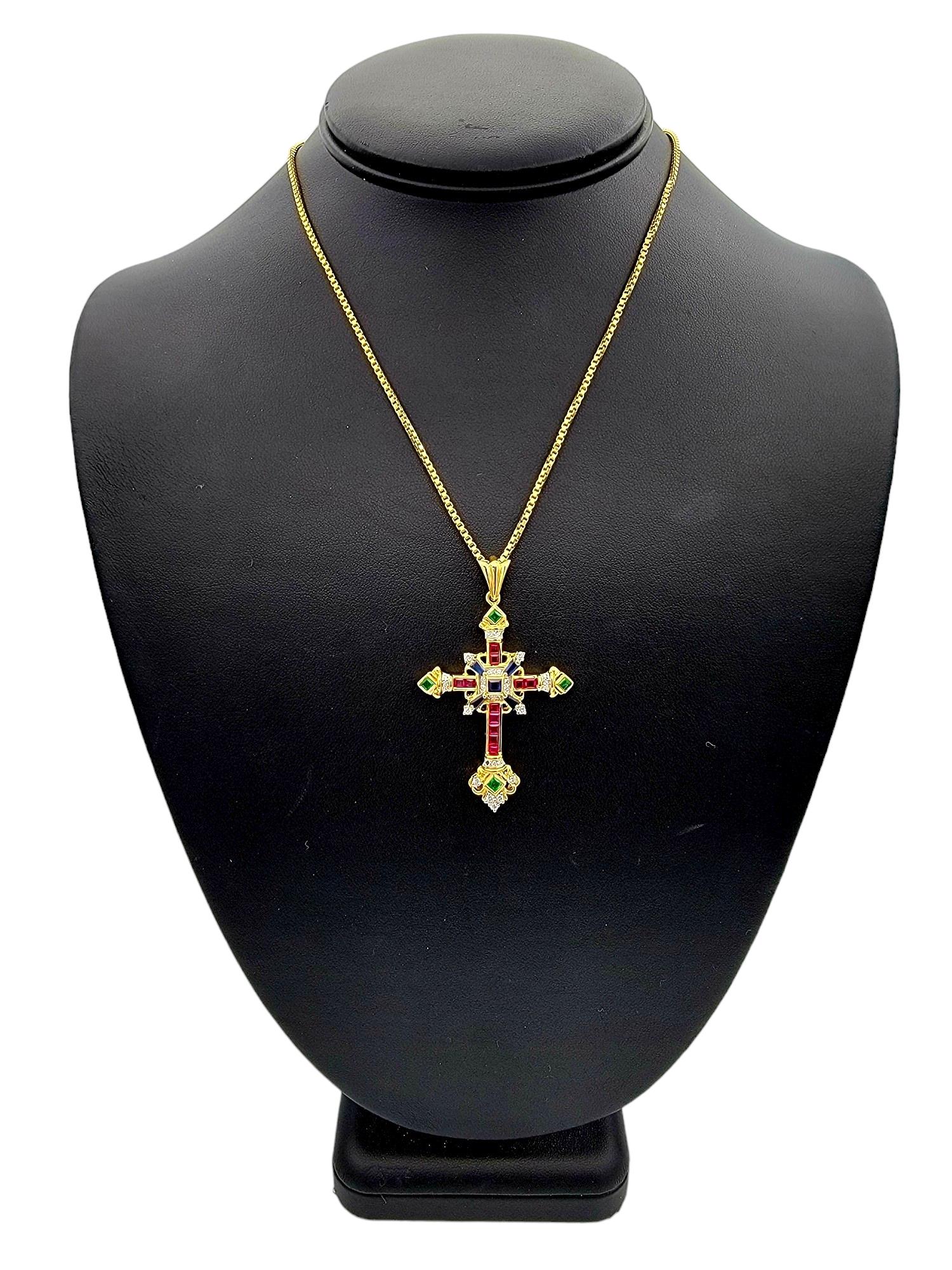 Sapphire, Ruby, Emerald and Diamond Cross Pendant Set in 18 Karat ...