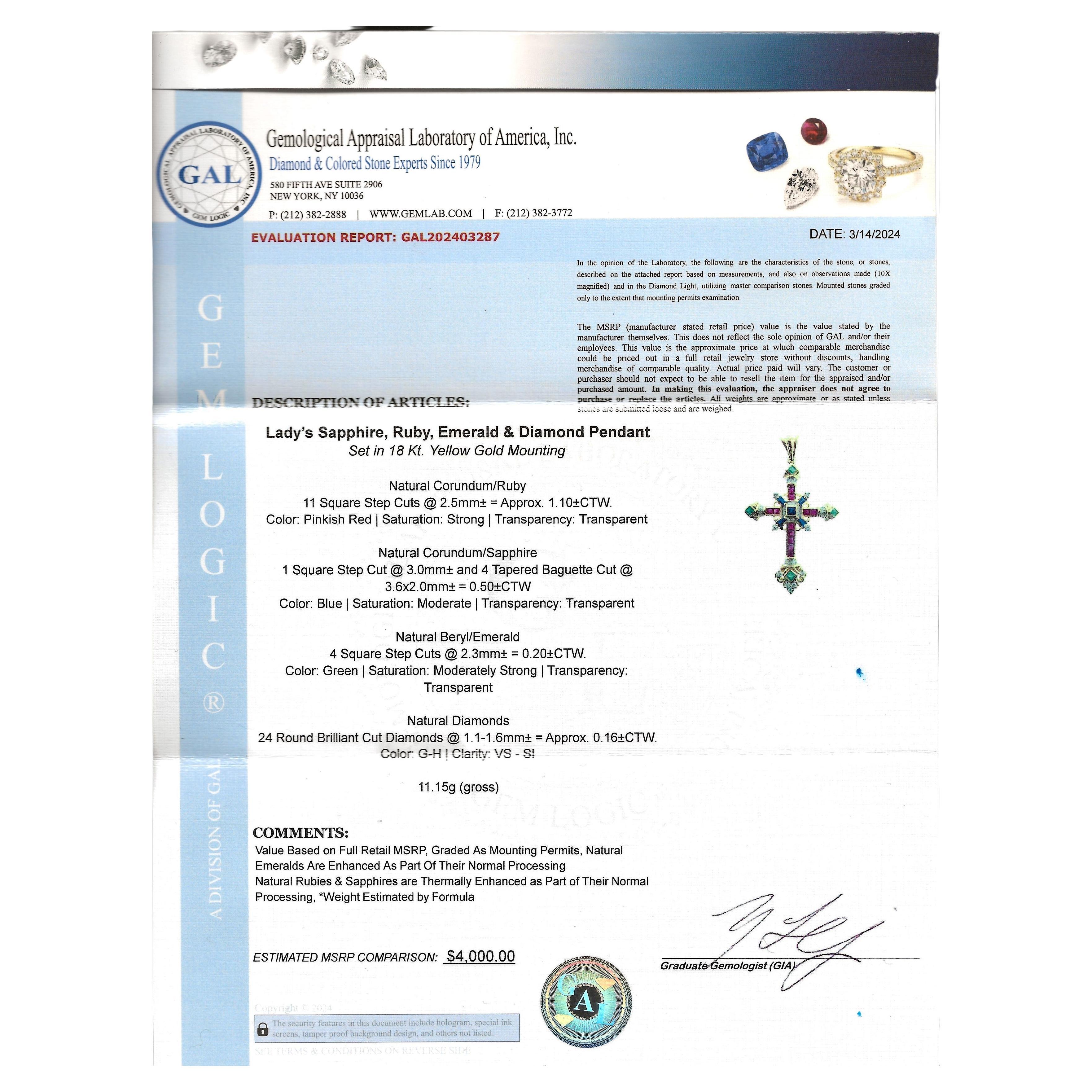 Sapphire, Ruby, Emerald and Diamond Cross Pendant Set in 18 Karat ...