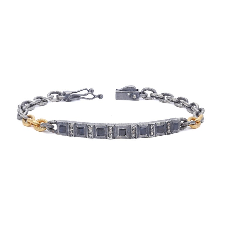 Oxidised Silver and 24k Gold Micron Plated Tag Chain Bracelet with ...