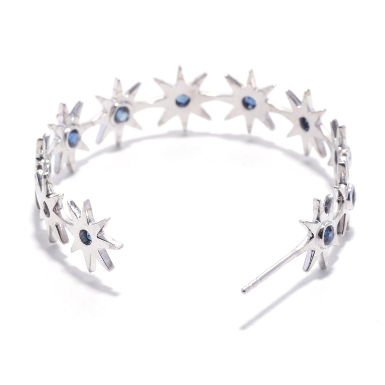 Sapphire Star Hoop Earrings, 18K White Gold, Funky Hoop For Sale at 1stDibs
