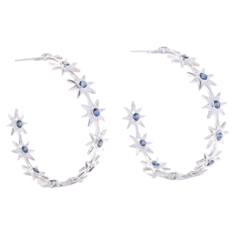Sapphire Star Hoop Earrings, 18K White Gold, Funky Hoop For Sale at 1stDibs
