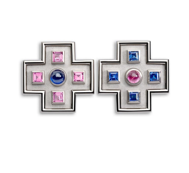 Sapphires and Rubellite White Gold Stud Earrings For Sale at 1stDibs