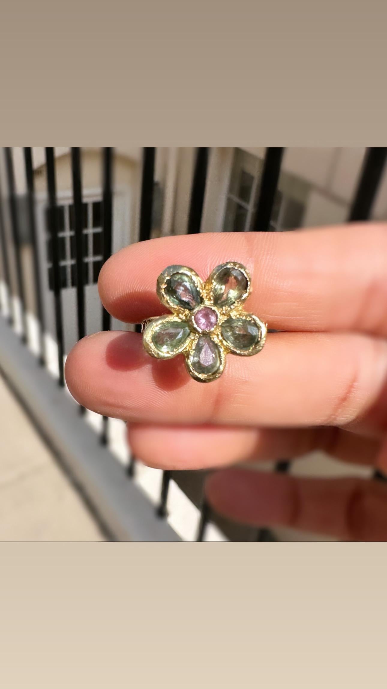 Sapphires Flower Cocktail Ring 18K Yellow Gold Handmade and one of a ...
