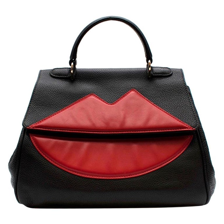 Sara Battaglia Black Leather Lips Tote Bag at 1stDibs