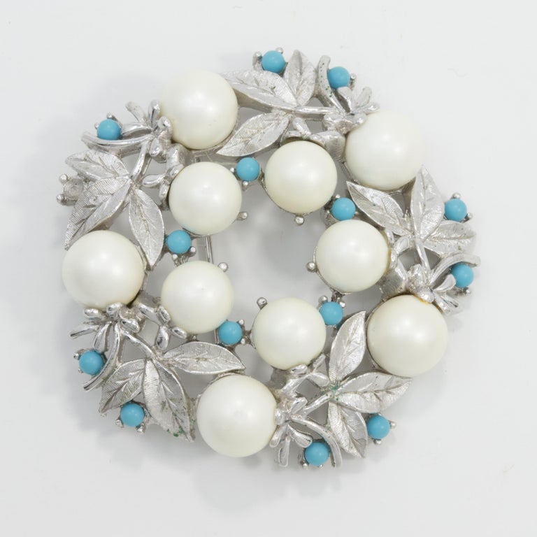 Sarah Coventry Floral Wreath Brooch, Faux Pearls and Blue Beads, Silver ...