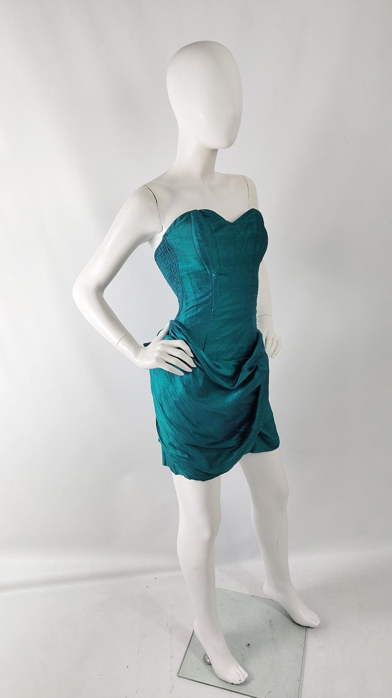 Sarah Whitworth Vintage 80s Sexy Green Silk Evening Party Corset Dress ...