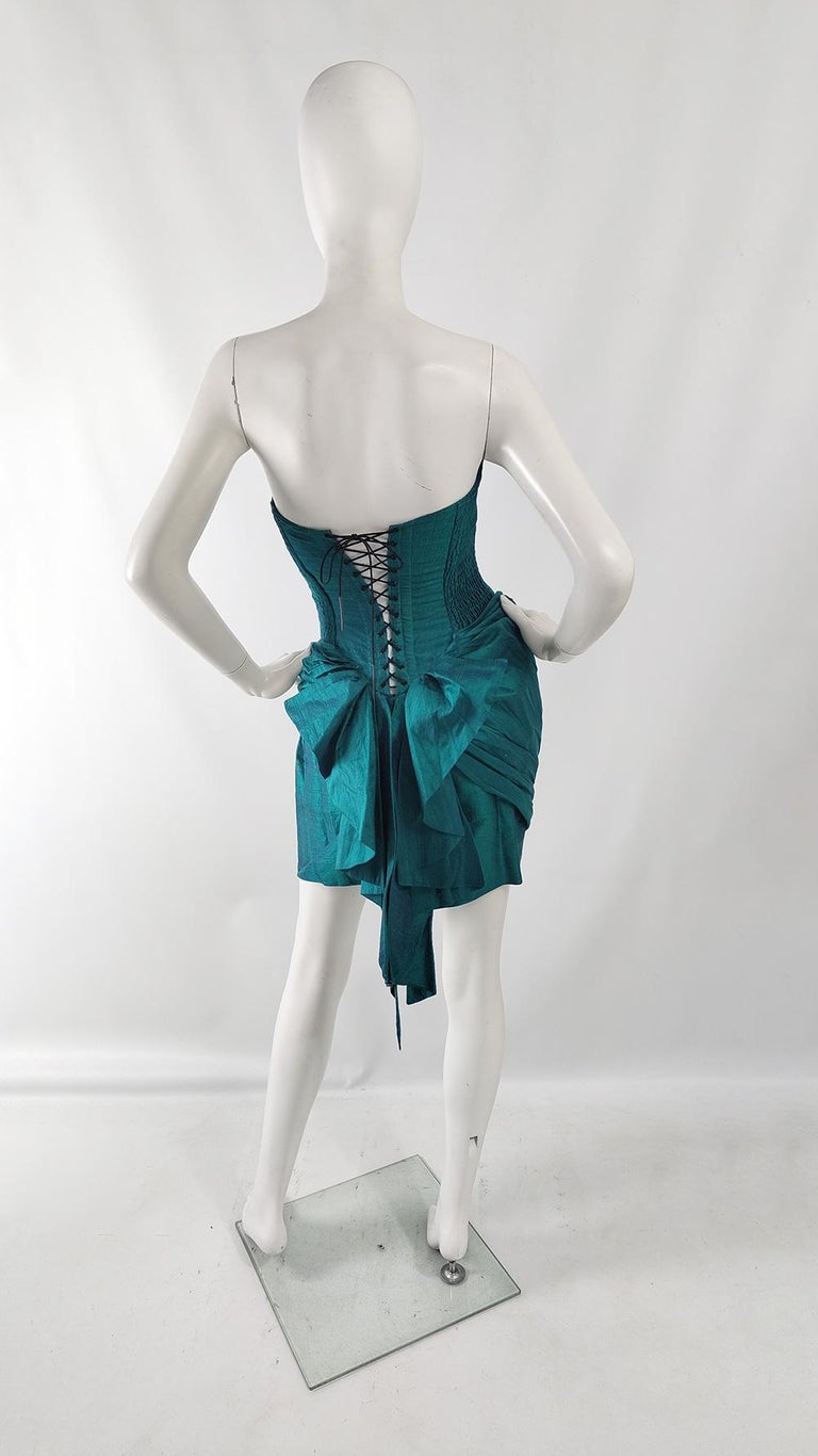 Sarah Whitworth Vintage 80s Sexy Green Silk Evening Party Corset Dress ...