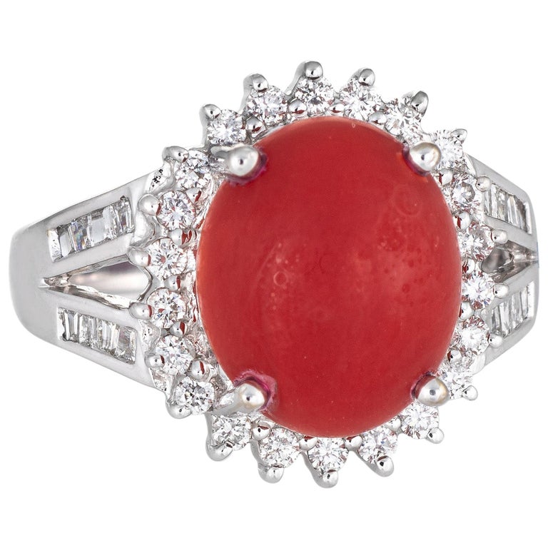 Sardinian Red Coral Diamond Ring Estate 18k White Gold Princess Style ...