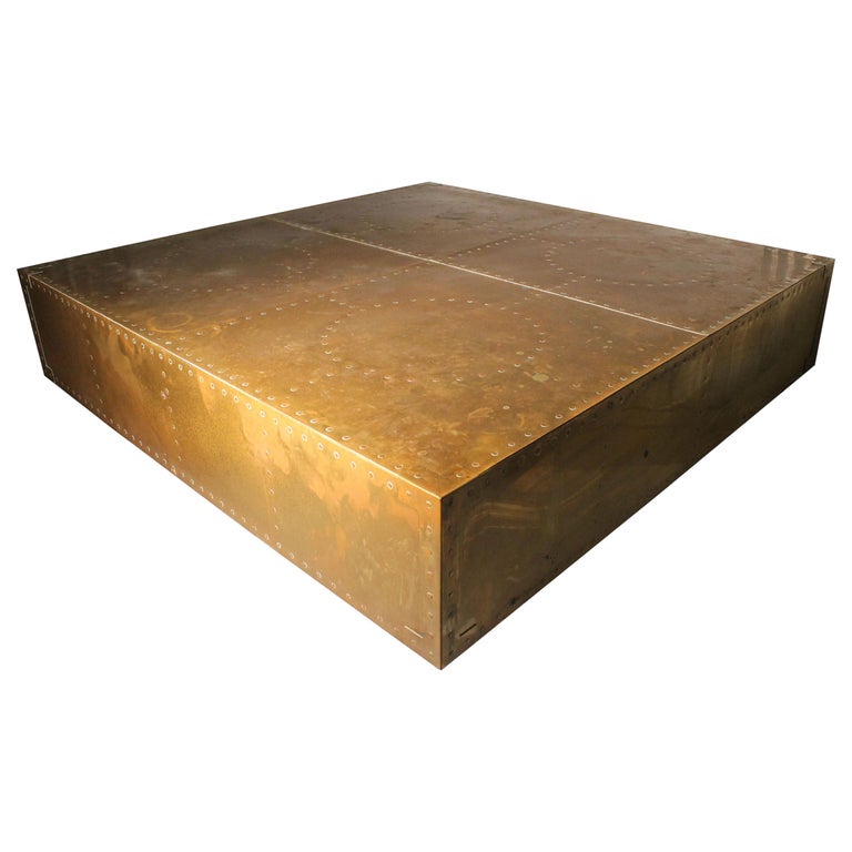 Sarreid Brass Coffee Table Floating on Plinth Base Manner of Milo ...
