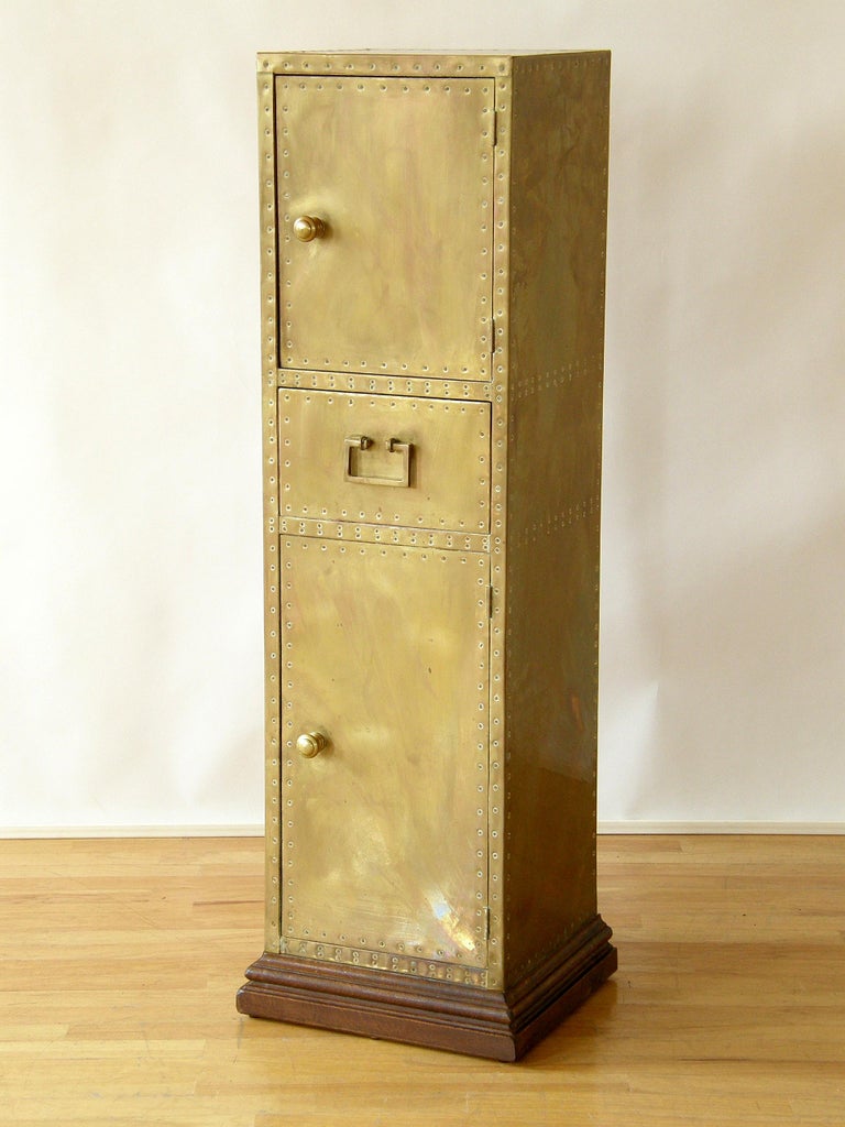 Sarreid Tall and Slender Brass Clad Cabinet with Decorative Nail Head ...