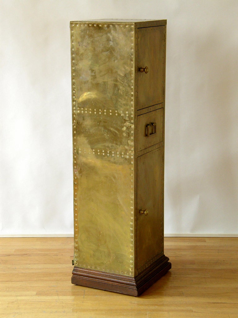 Sarreid Tall and Slender Brass Clad Cabinet with Decorative Nail Head ...
