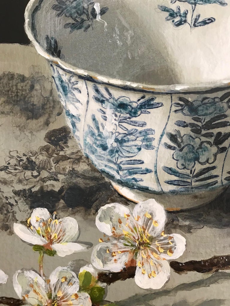 Sasja Wagenaar - ''Porcelain with Blossom, Dark'', Dutch Contemporary Still-Life with Porcelain ...