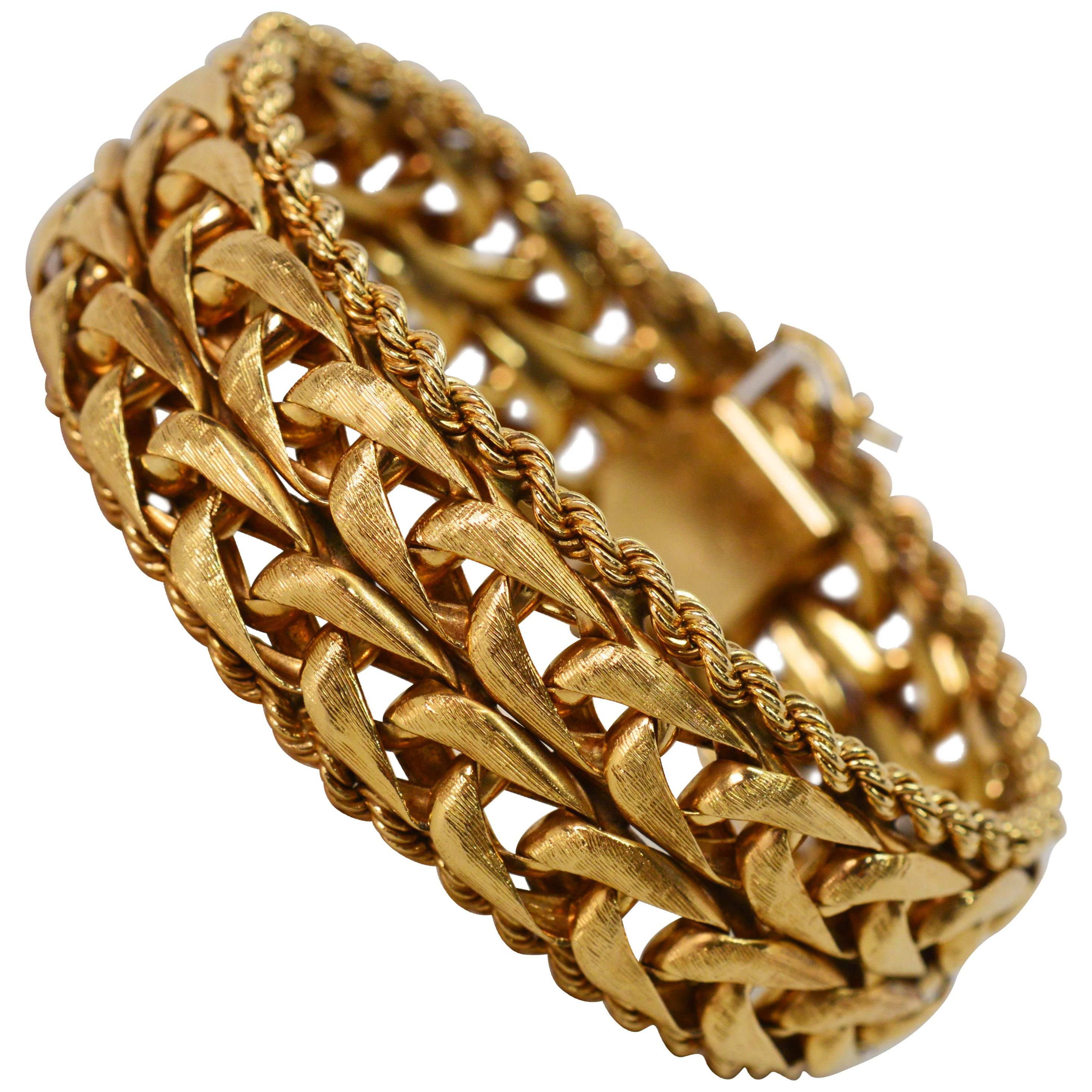 Satin Gold Interlocking Link Bracelet with Braided Trim at 1stDibs