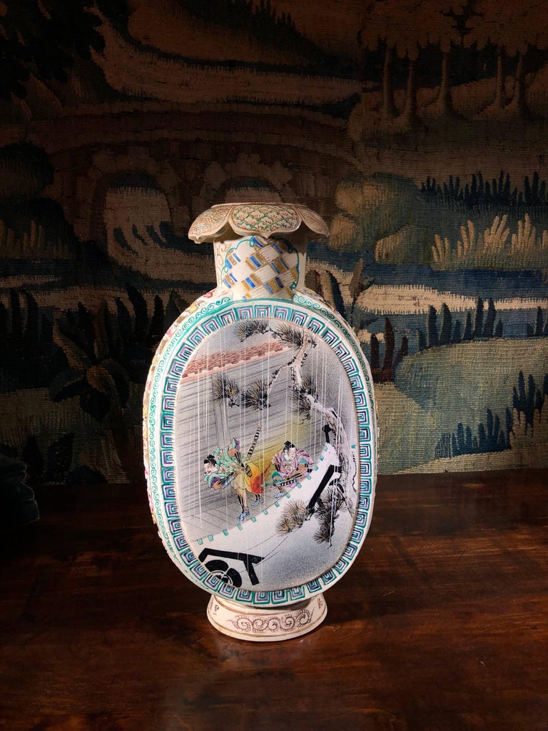 Satsuma Kyoto Vase with Scenic Panels, Pierced Sides, Gosu Blue, circa ...