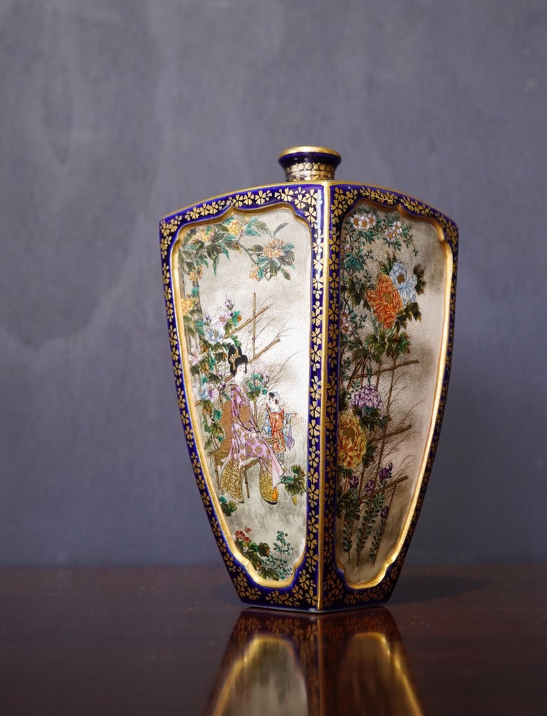 Satsuma Square Vase, Kinkozan, with Flowers and Figures, circa 1890 For ...