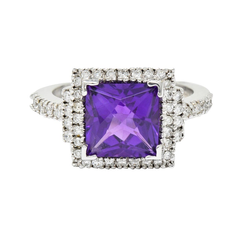 Saturated Amethyst Diamond 18 Karat White Gold Square Halo Ring For ...