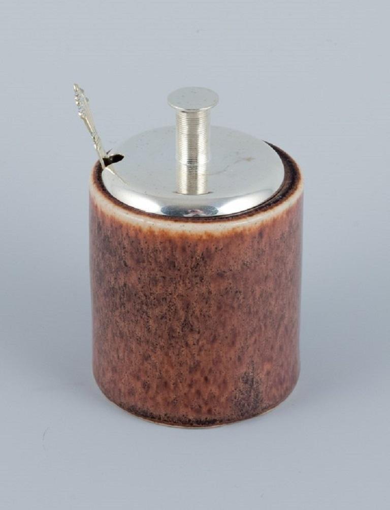 Saxbo ceramic mustard jar with sterling silver lid and spoon. For Sale ...