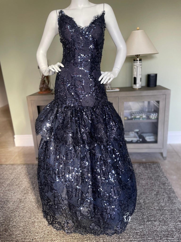 Scaasi 80's Strapless Navy Blue Tiered Sequin Ball Gown For Sale at 1stDibs