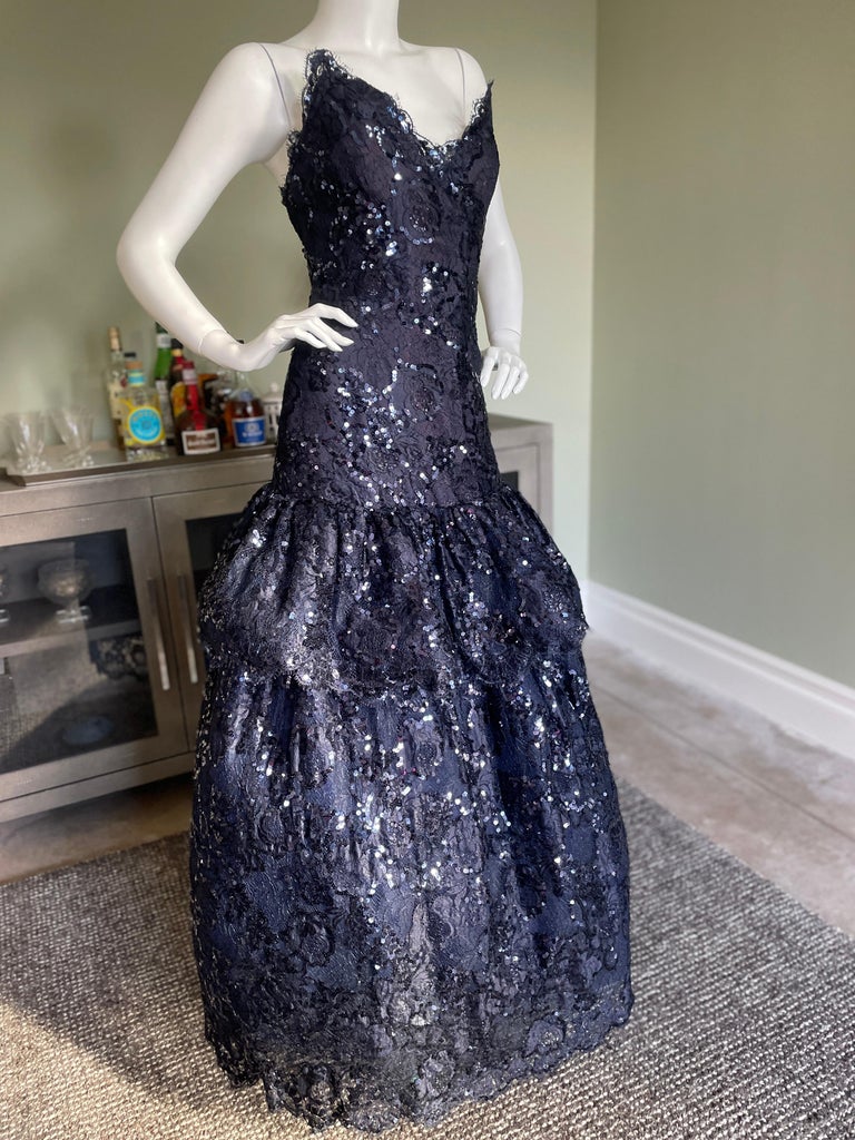 Scaasi 80's Strapless Navy Blue Tiered Sequin Ball Gown For Sale at 1stDibs