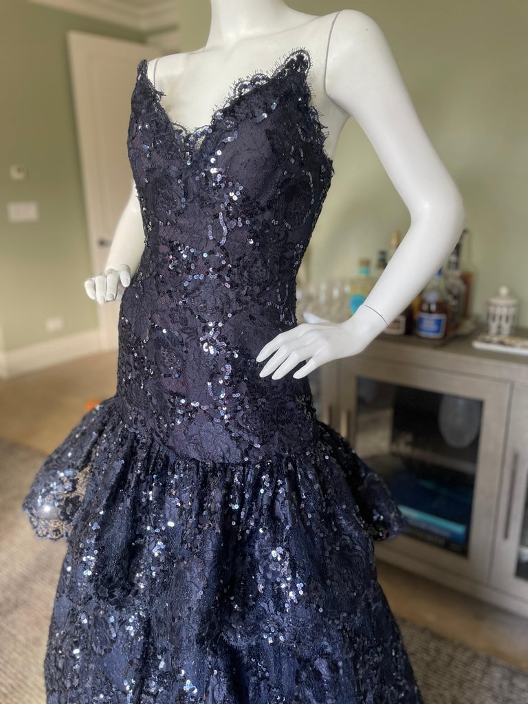 Scaasi 80's Strapless Navy Blue Tiered Sequin Ball Gown For Sale at 1stDibs