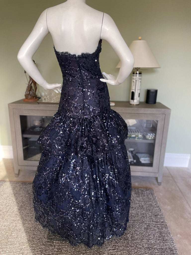Scaasi 80's Strapless Navy Blue Tiered Sequin Ball Gown For Sale at 1stDibs
