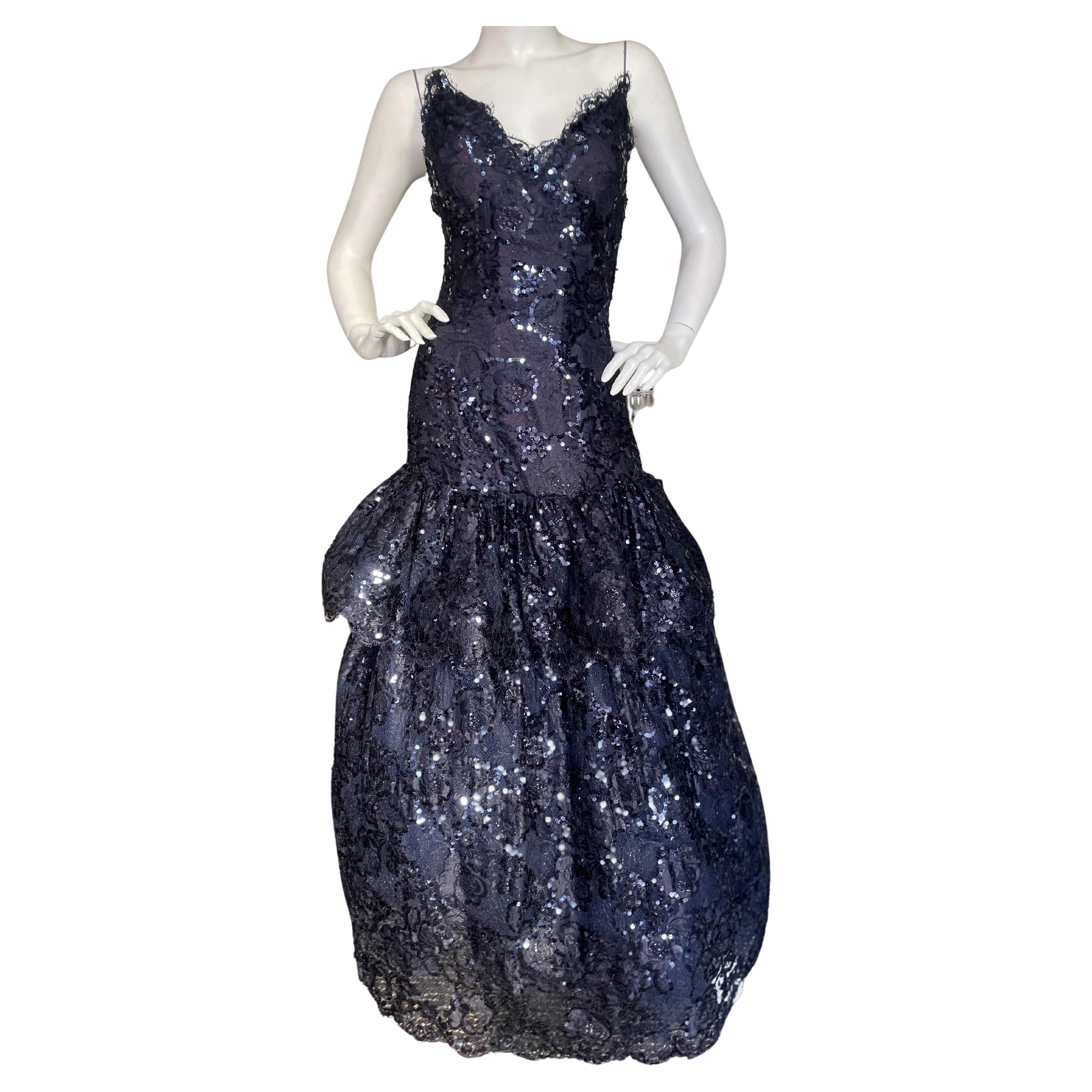 Scaasi 80's Strapless Navy Blue Tiered Sequin Ball Gown For Sale at 1stDibs
