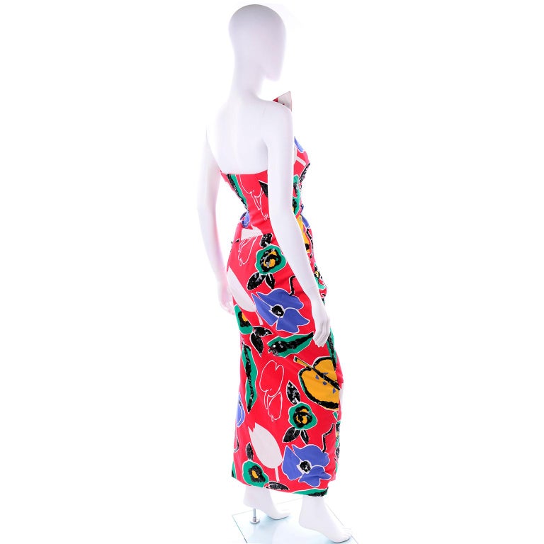 Vintage Scaasi Red Blue Yellow Floral One Shoulder Evening Dress W ...