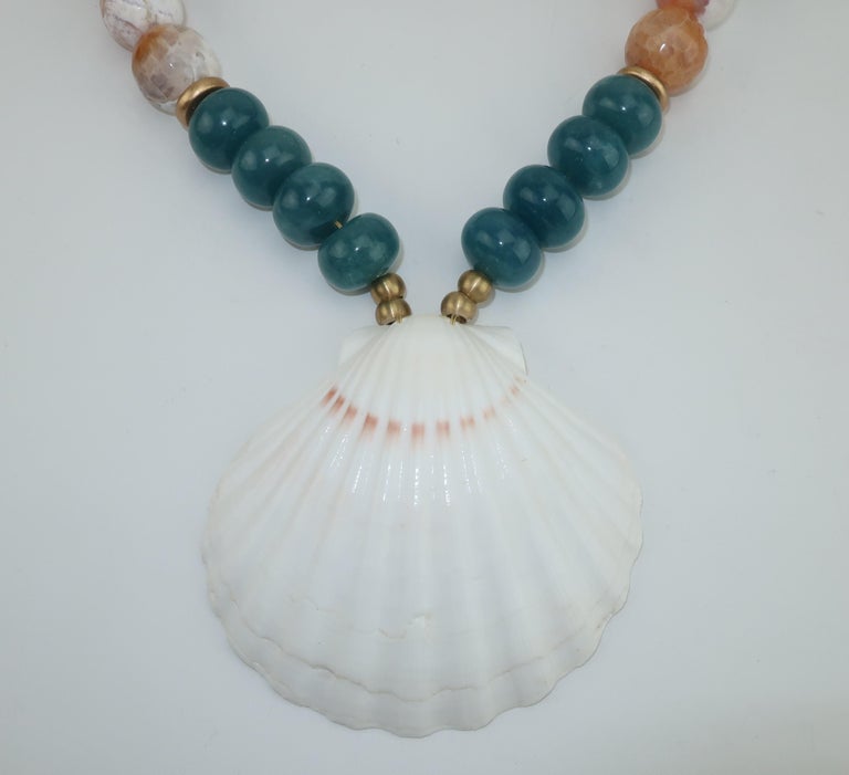 Scallop Shell Pendant Necklace With Stone and Wood Beads For Sale at ...