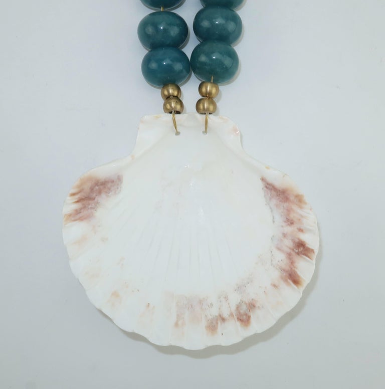 Scallop Shell Pendant Necklace With Stone and Wood Beads For Sale at ...