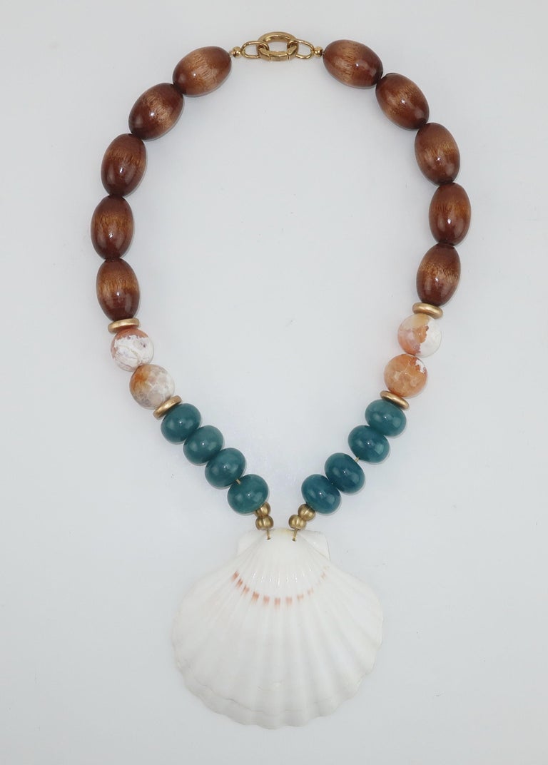 Scallop Shell Pendant Necklace With Stone and Wood Beads For Sale at ...