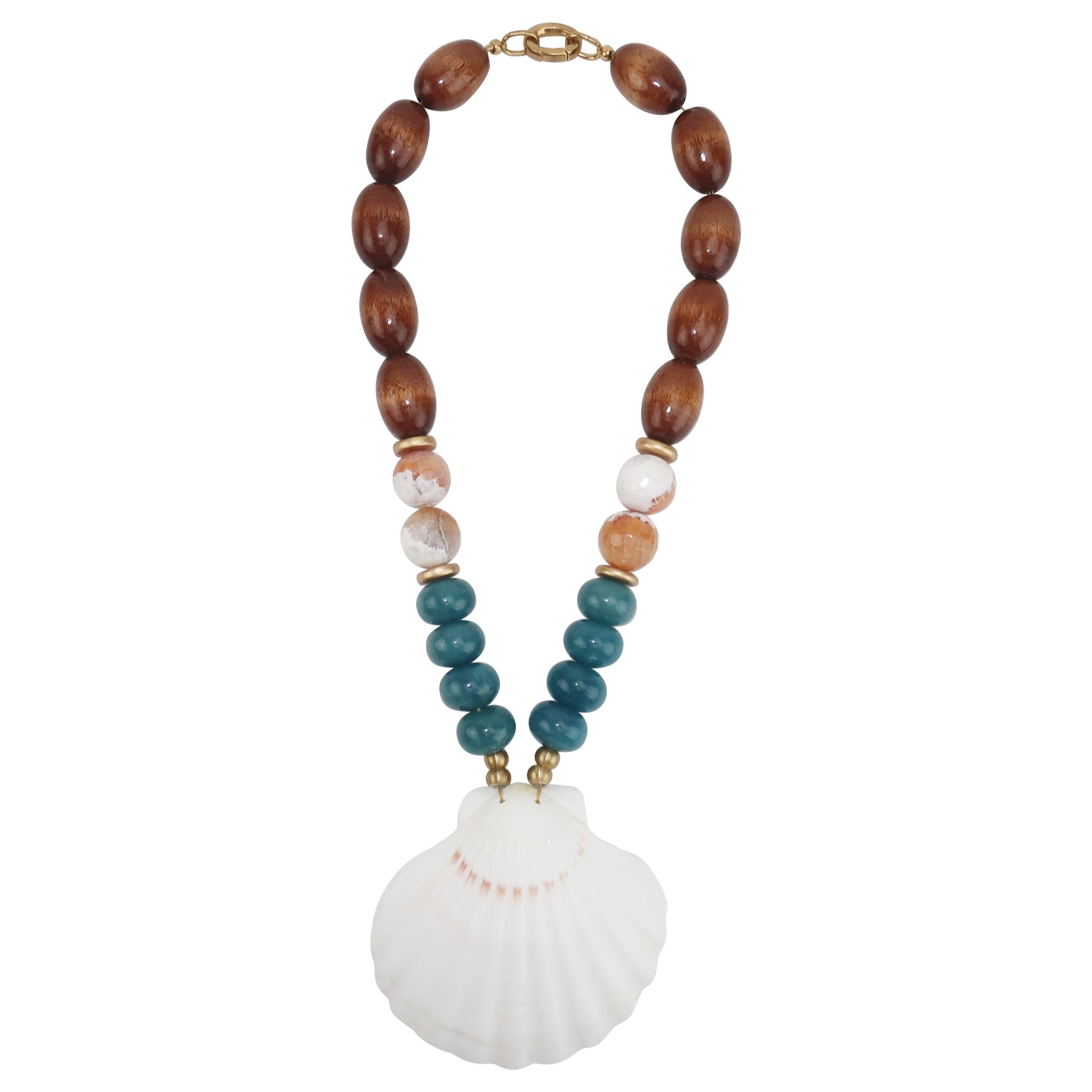 Scallop Shell Pendant Necklace With Stone and Wood Beads For Sale at ...