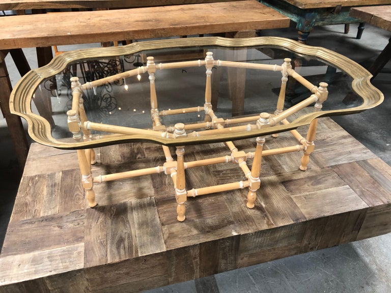Scalloped Brass Coffee Table w/ Cane Base For Sale at 1stDibs