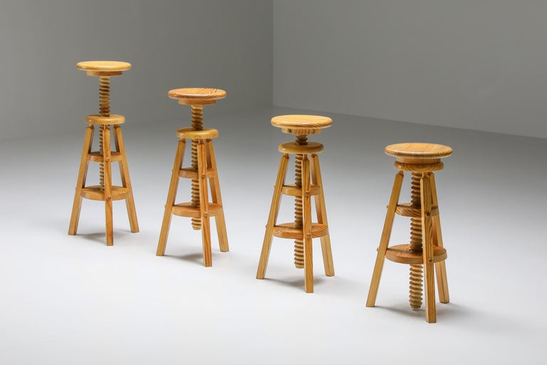 Scandinavian Adjustable Architect Office/Desk Set of Stools in Pine ...