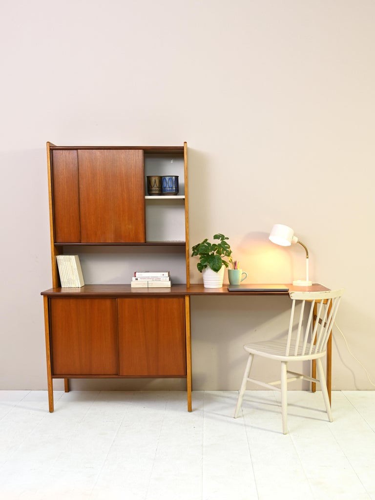 Scandinavian Desk with Bookcase and Compartment with Sliding Doors For ...