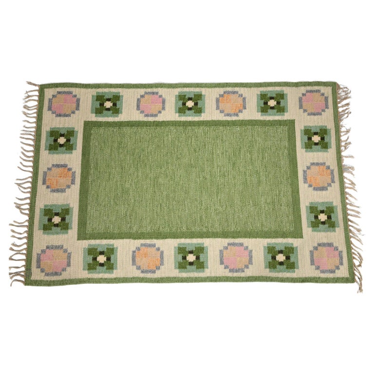 Scandinavian Green and Pink Vintage Swedish Rug from Ingegerd Silow at ...