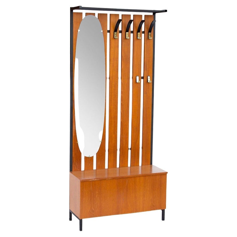 Scandinavian Hall Tree and Storage Bench with Hooks and Mirror at 1stDibs