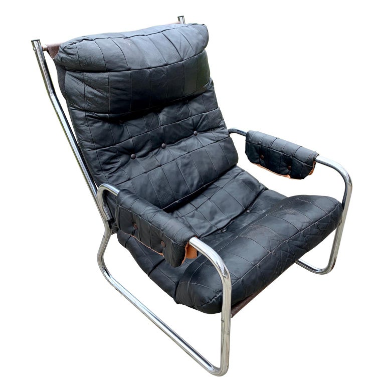 Scandinavian Mid-Century Modern Leather and Chrome Armchair For Sale at ...