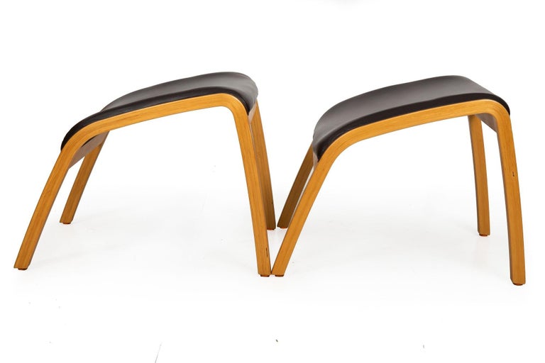 Scandinavian Modern Bentwood Leather Arm Chairs with Ottomans - A Pair ...