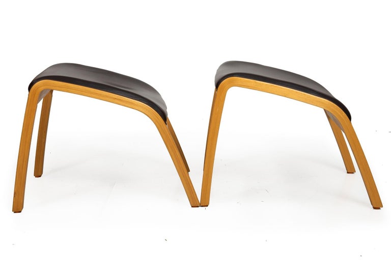 Scandinavian Modern Bentwood Leather Arm Chairs with Ottomans - A Pair ...