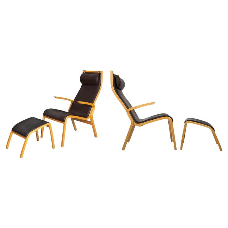 Scandinavian Modern Bentwood Leather Arm Chairs with Ottomans - A Pair ...